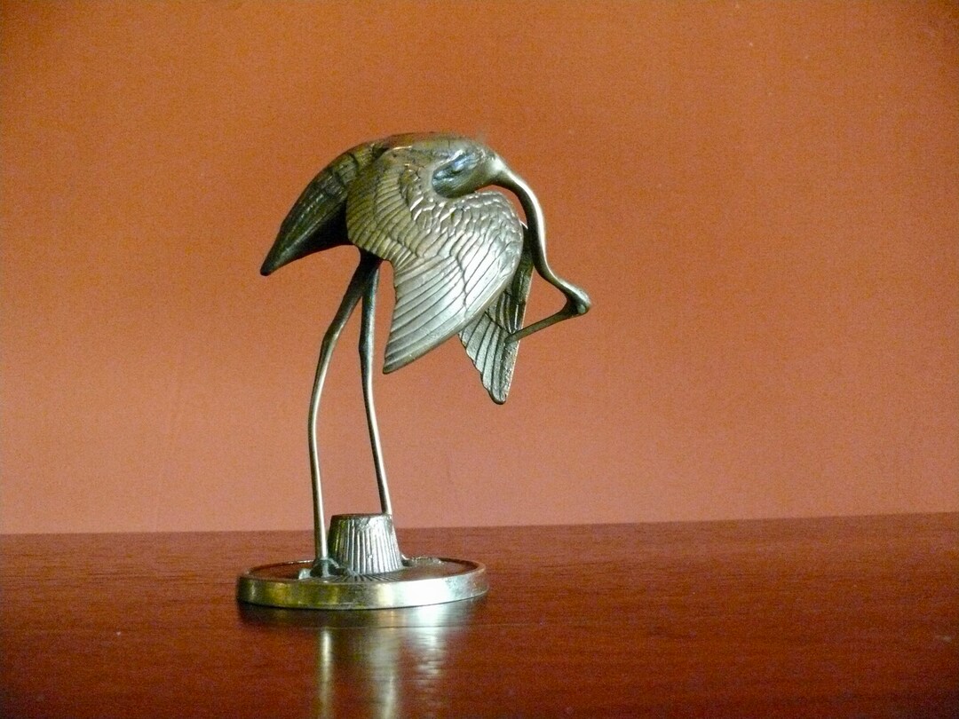 Brass Crane Figurine, Vintage Bowing Heron Egret Bird Statue, Hollywood ...