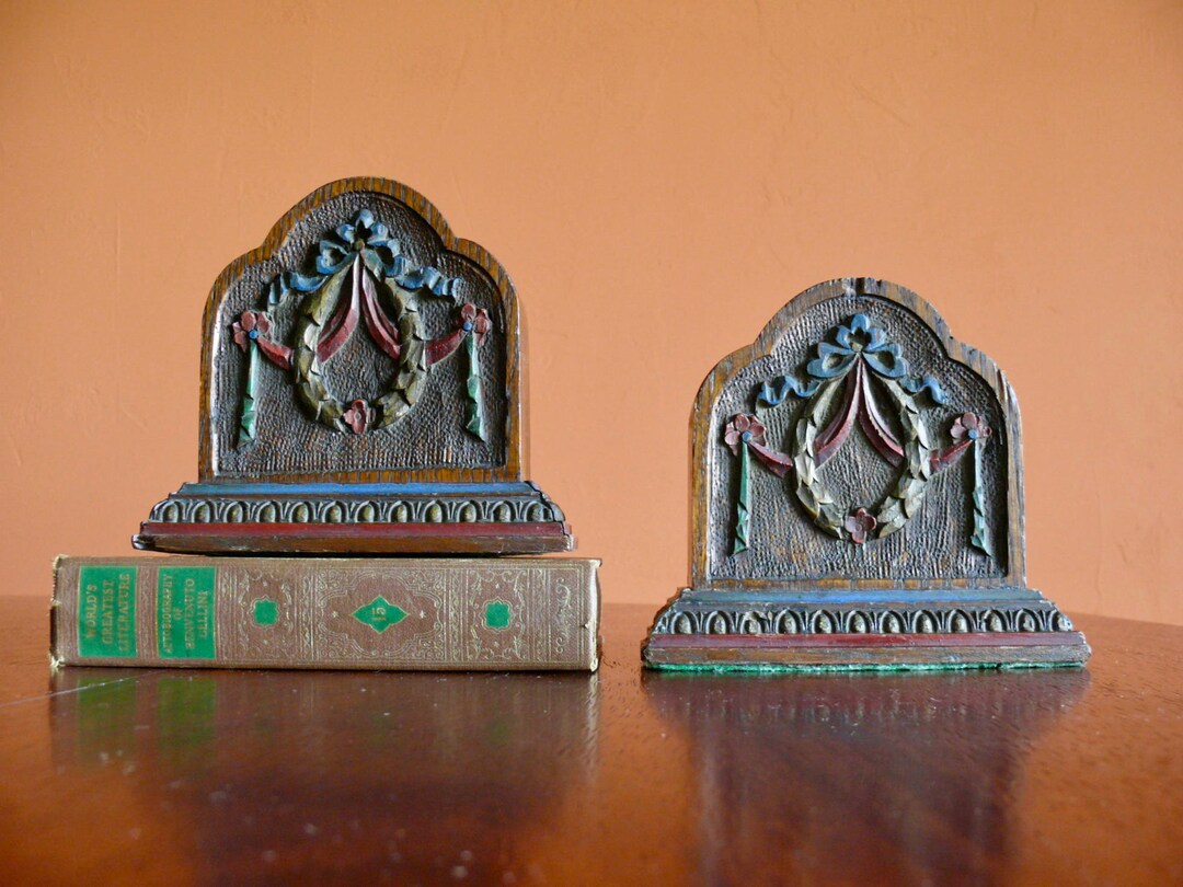 Old Carved Solid Wood Bookends With Painted Wreath Design, Handcrafted ...