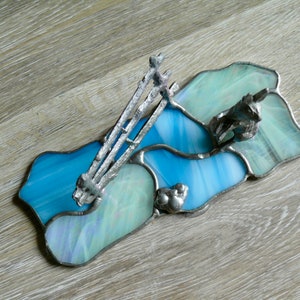 Pewter Rabbit and Fence Figurine on Blue Stained Glass Base, Vintage ...