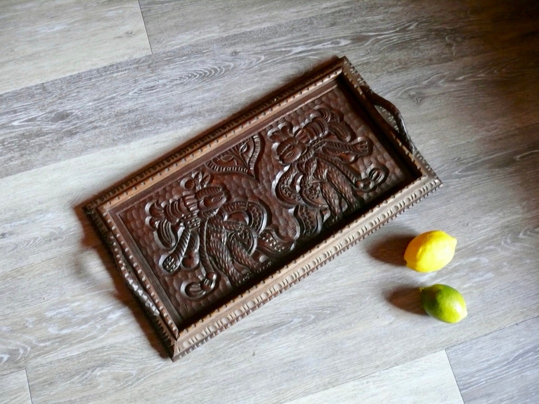Carved Wood Tribal Serving Tray With Glass, Aztec Mexican Folk Art ...