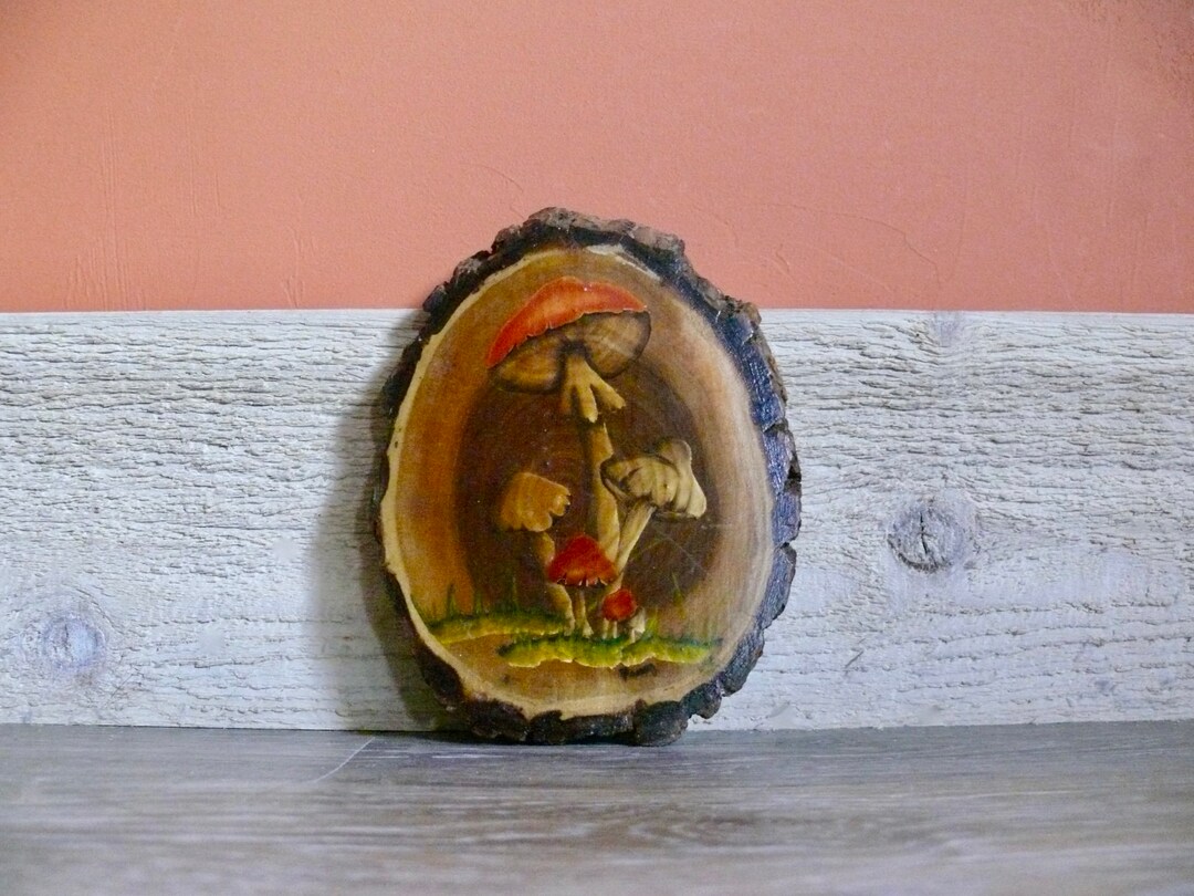 Rustic Mushroom Oil Painting on Natural Wood Slice With Bark, Vintage ...