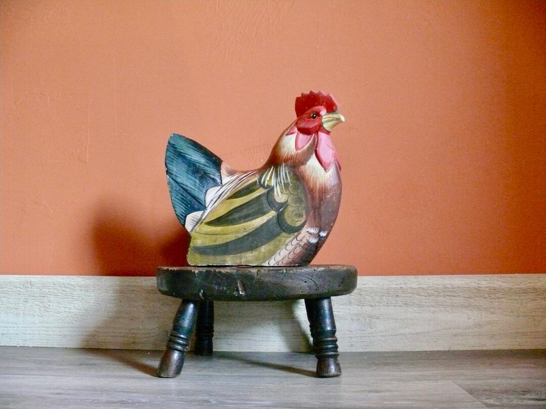 Hand Carved Painted Wood Rooster Statue, 10 Wood Tole Painted Rooster ...