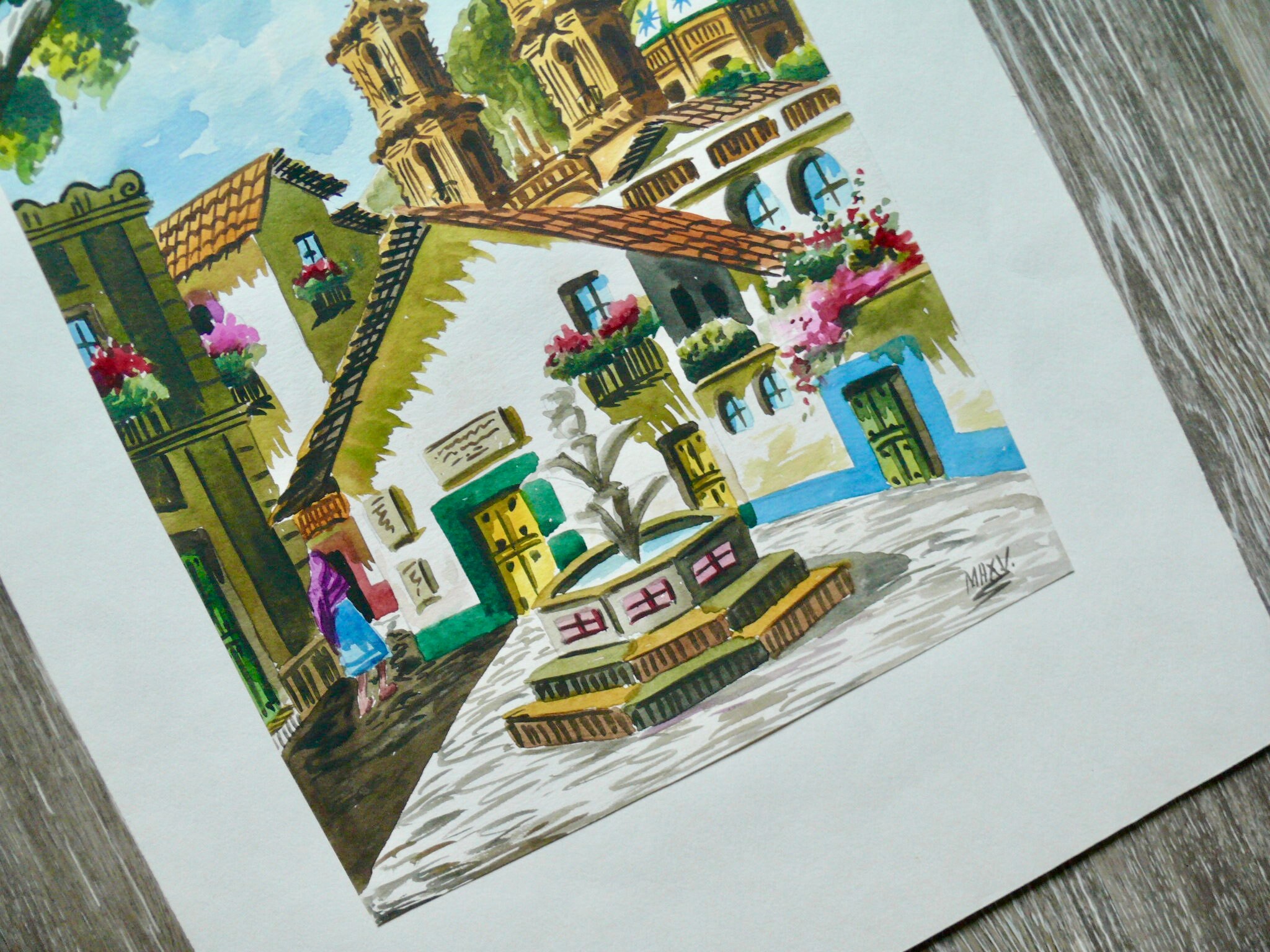 Max Vidal Watercolor Painting, 1950s Taxco Mexico Village Scene With ...