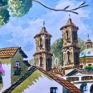 Max Vidal Watercolor Painting, 1950s Taxco Mexico Village Scene With ...