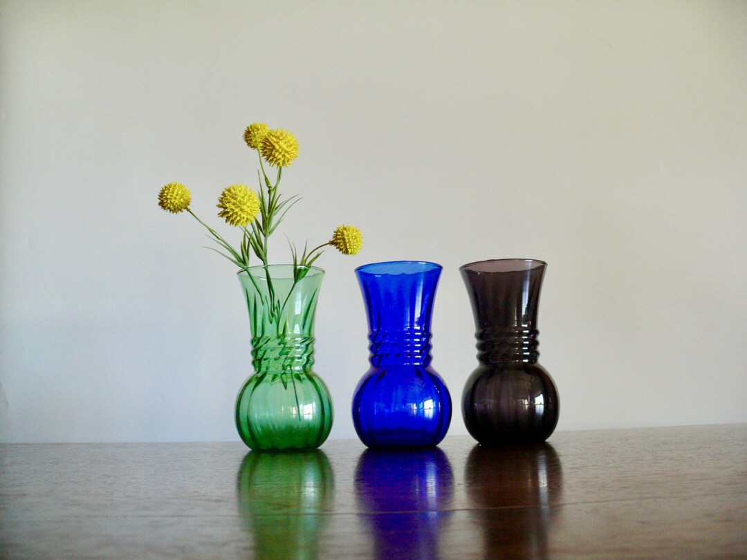 3 Gem Colored Harding Glass Vases, Vintage Anchor Hocking Cobalt Blue ...