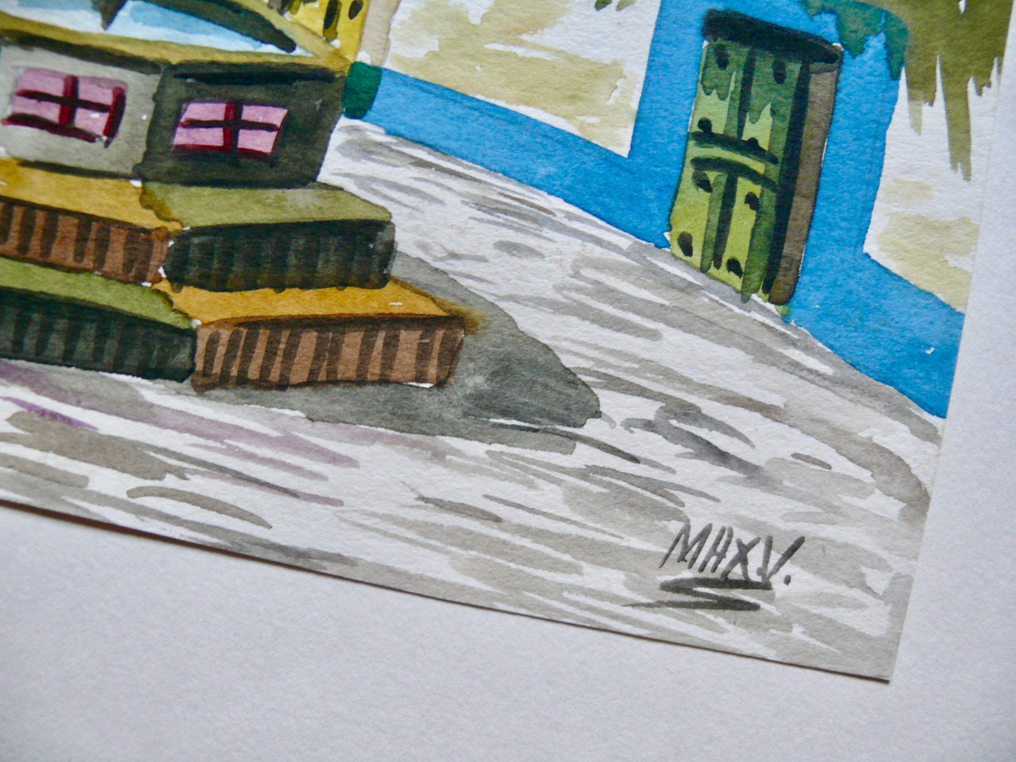 Max Vidal Watercolor Painting, 1950s Taxco Mexico Village Scene With ...