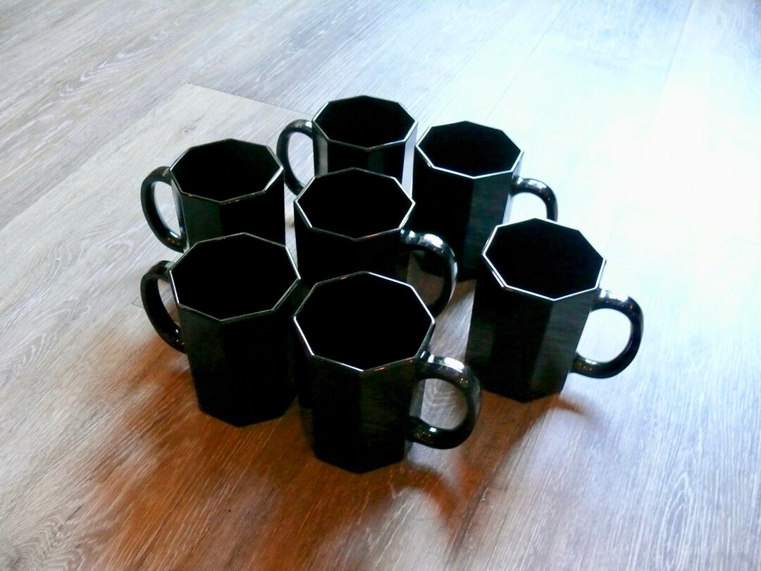 Arcoroc Octime Black Glass Mugs, Set of Seven, Vintage French Octagon ...