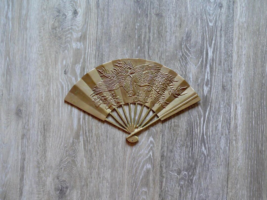 Solid Brass Chinese Fan Wall Hanging With Phoenix Detail, Vintage Fan ...