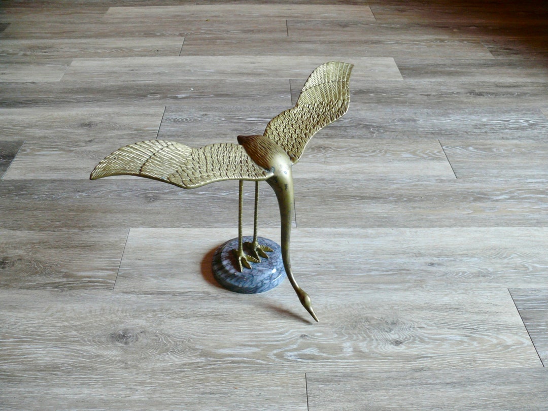 Unique Bowing Brass Crane Statue on Gray Marble Base, Large Brass Wader ...