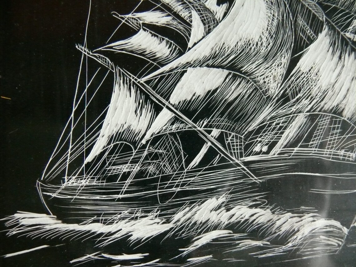 Scratchboard Schooner Sailing Ship Drawing Matted and Framed | Etsy