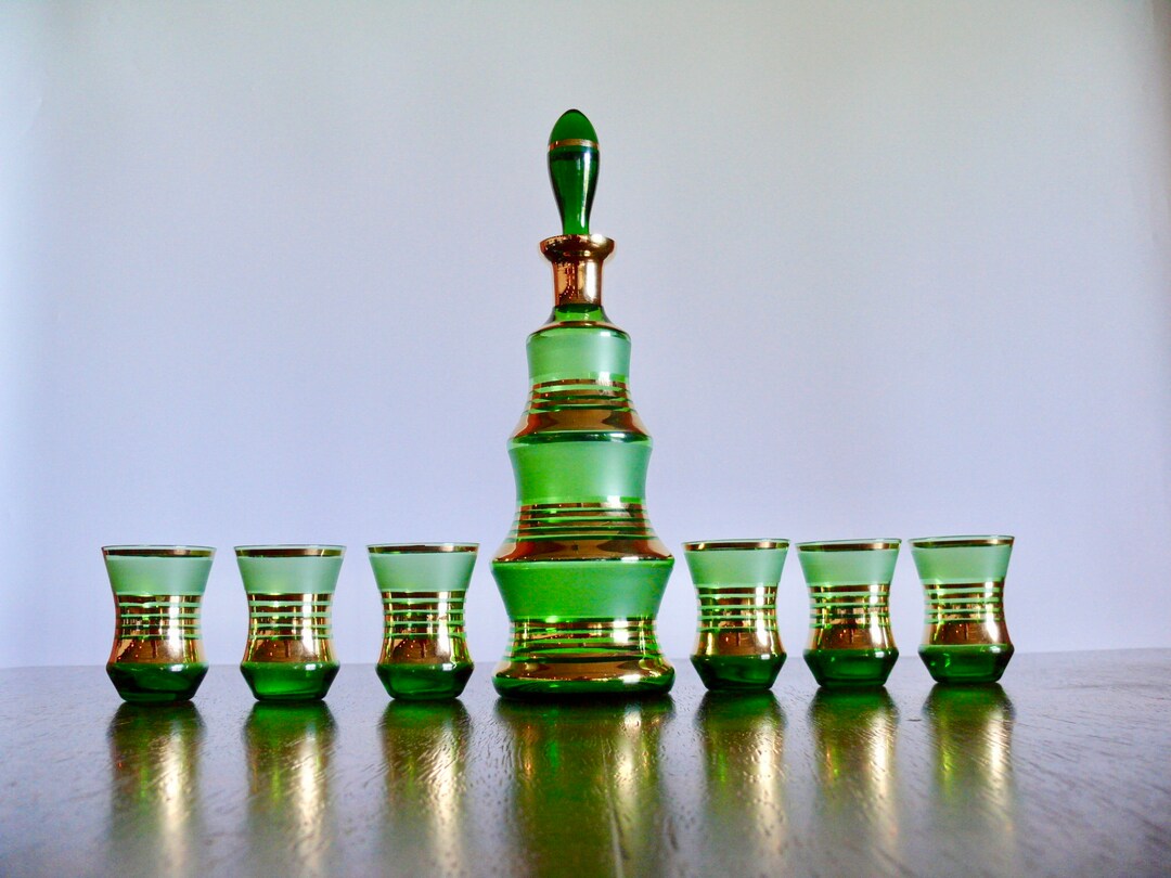 Green Bohemian Crystal Bar Set With Gold Detail, Wavy Decanter With ...