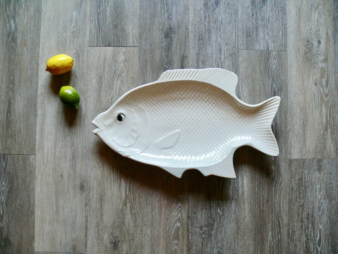 Majolica Fish Serving Platter, Vintage Large White Glazed Ceramic ...