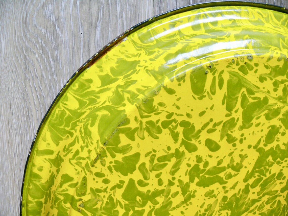 Yellow Green Splatterware Enamel Tray Black Trim Vintage | Etsy