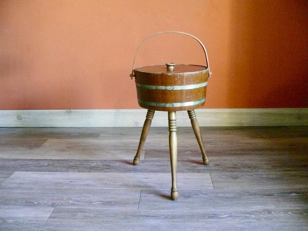 Vintage Wood Sewing Basket on Legs, Standing Firkin Style Lidded Bucket ...