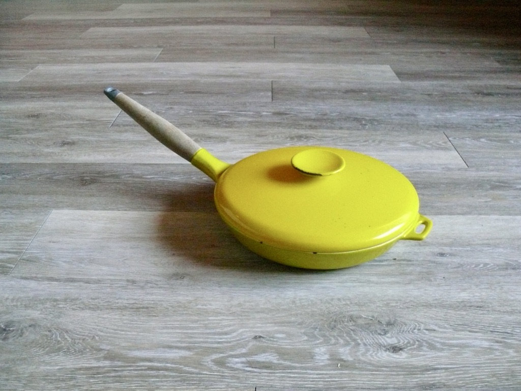 Yellow Enamelware Copco Denmark Cast Iron 10" Skillet With Lid and Wood ...