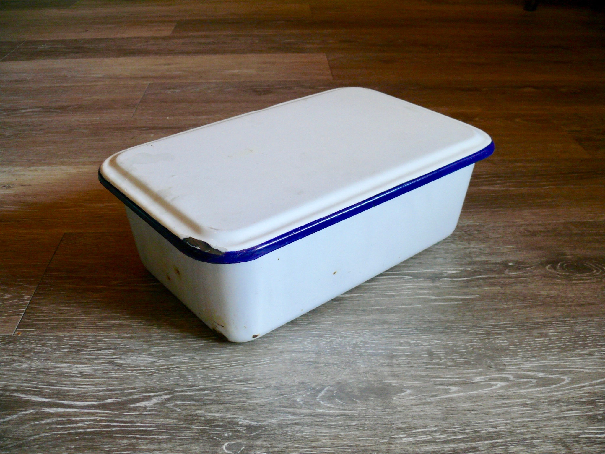2 White Enamel Refrigerator Boxes With Blue Edge and Lid - Etsy