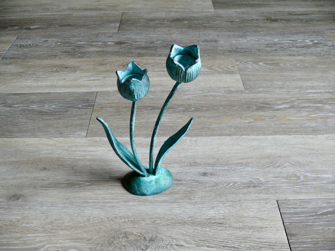 Vintage Verdigris Brass Tulip Sculpture, Double Flower Candle Holder ...