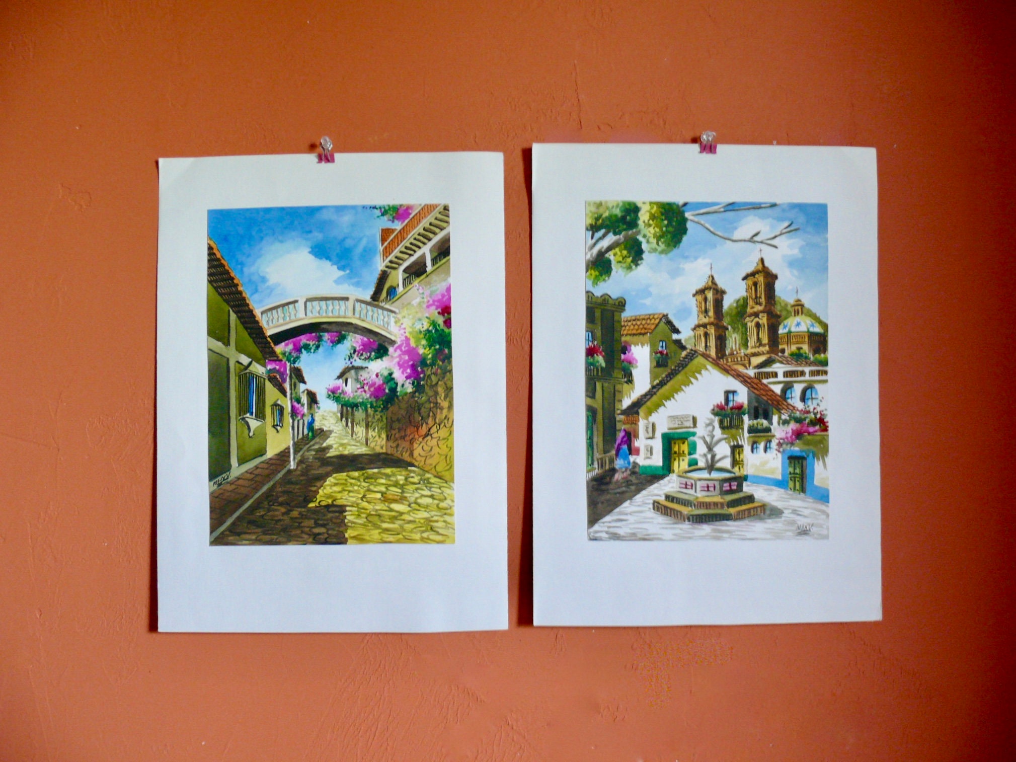 Max Vidal Watercolor Painting, 1950s Taxco Mexico Village Scene With ...