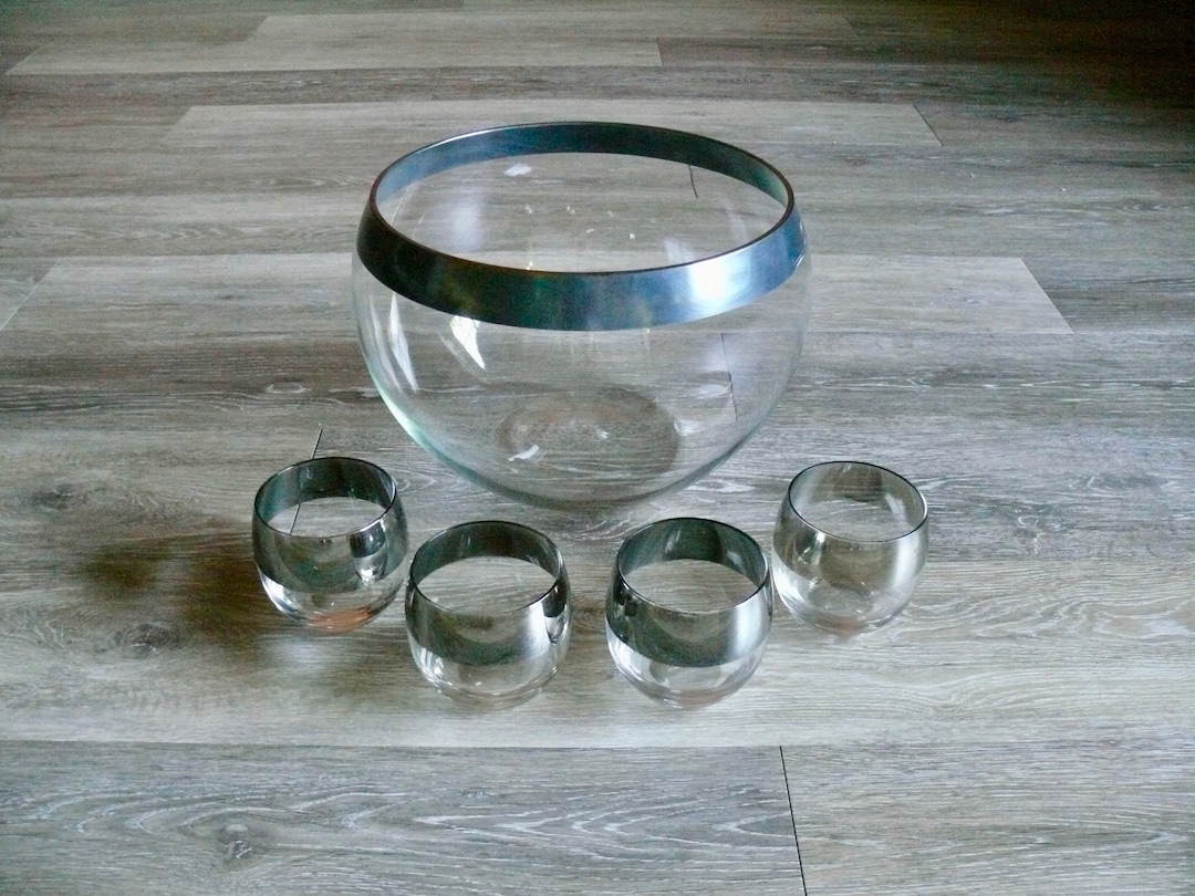 Glass Platinum Band Roly Poly Punch Bowl and Cocktail Tumbler Set ...