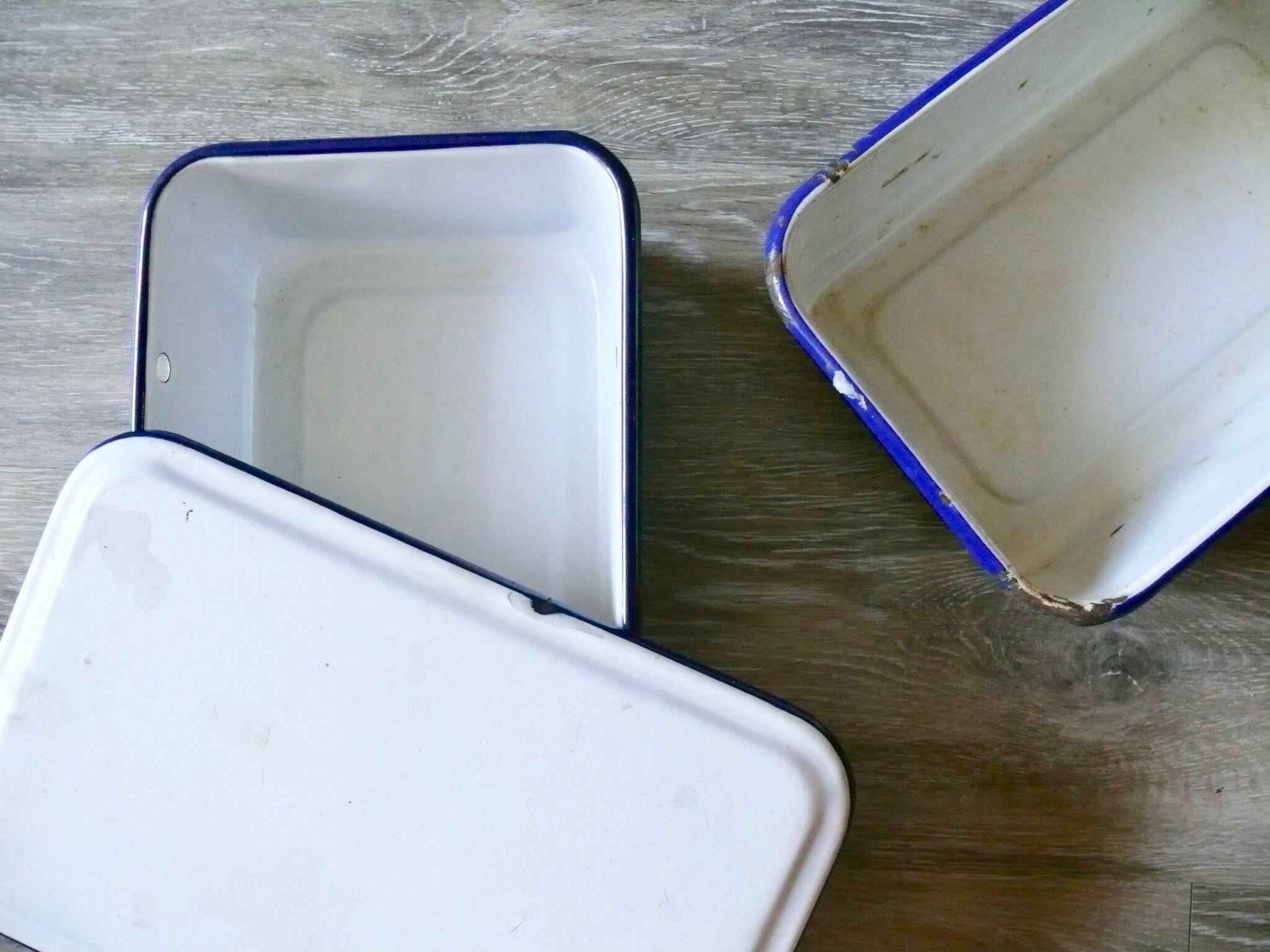 2 White Enamel Refrigerator Boxes With Blue Edge and Lid - Etsy