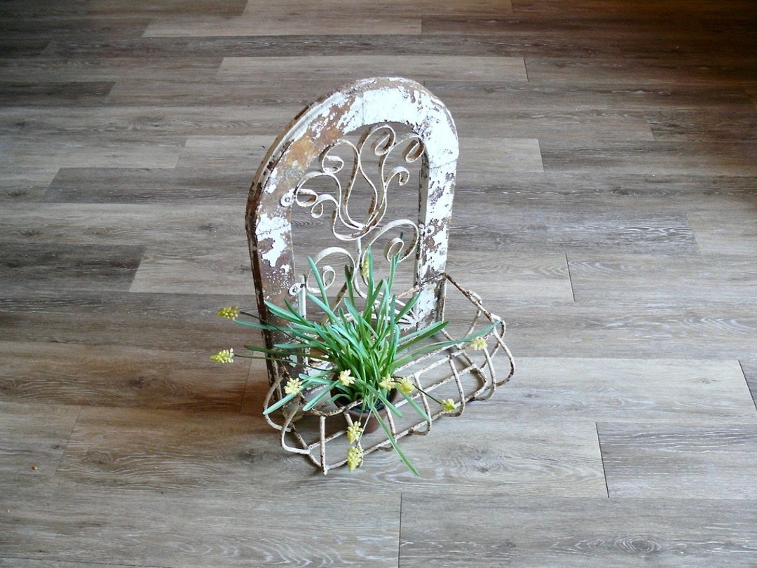 Wrought Iron and Wood Cathedral Wall Planter, Distressed 23" Hanging ...
