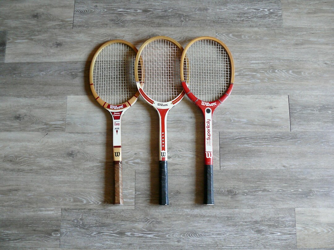 3 Vintage Wilson Wood Tennis Racquets, Red Wilson Sport, Stan Smith ...