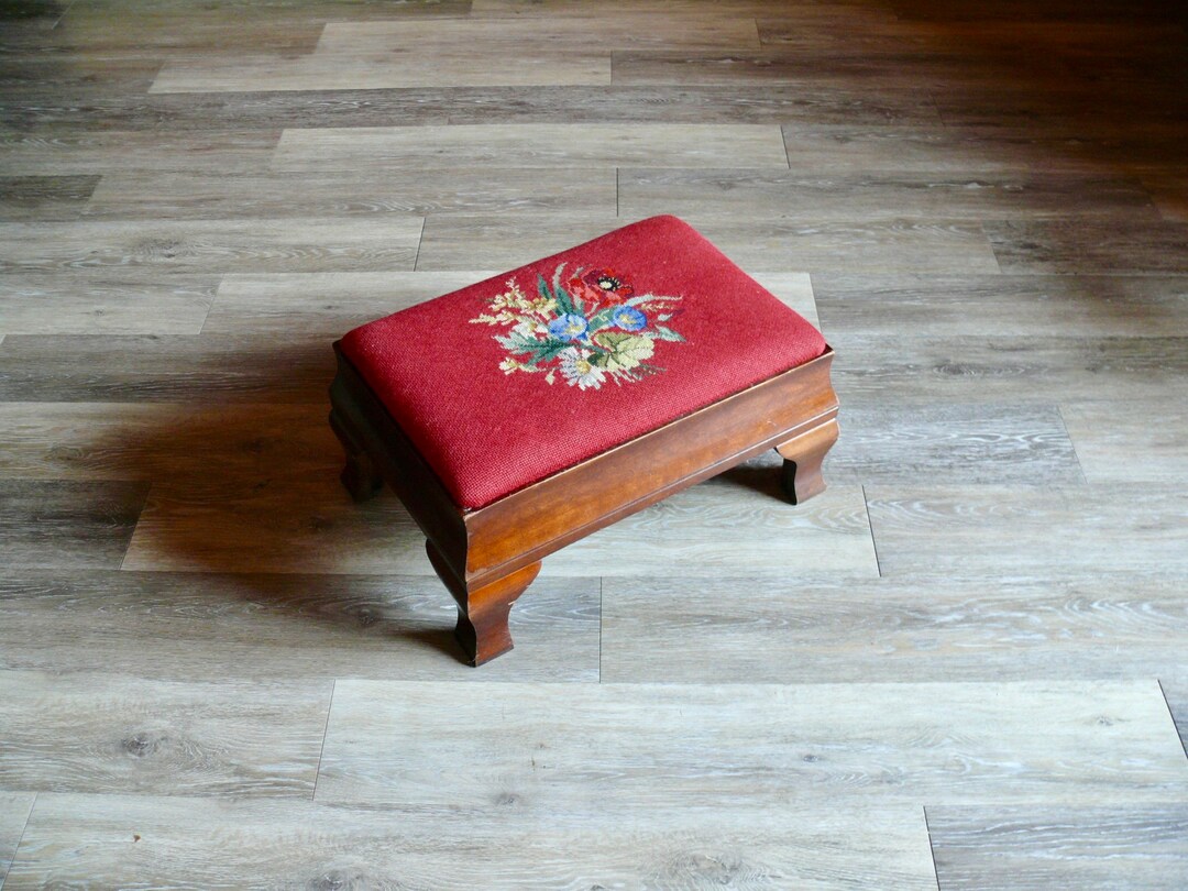 Mahogany Wood Footstool With Red Hand Stitched Needlepoint Flower ...