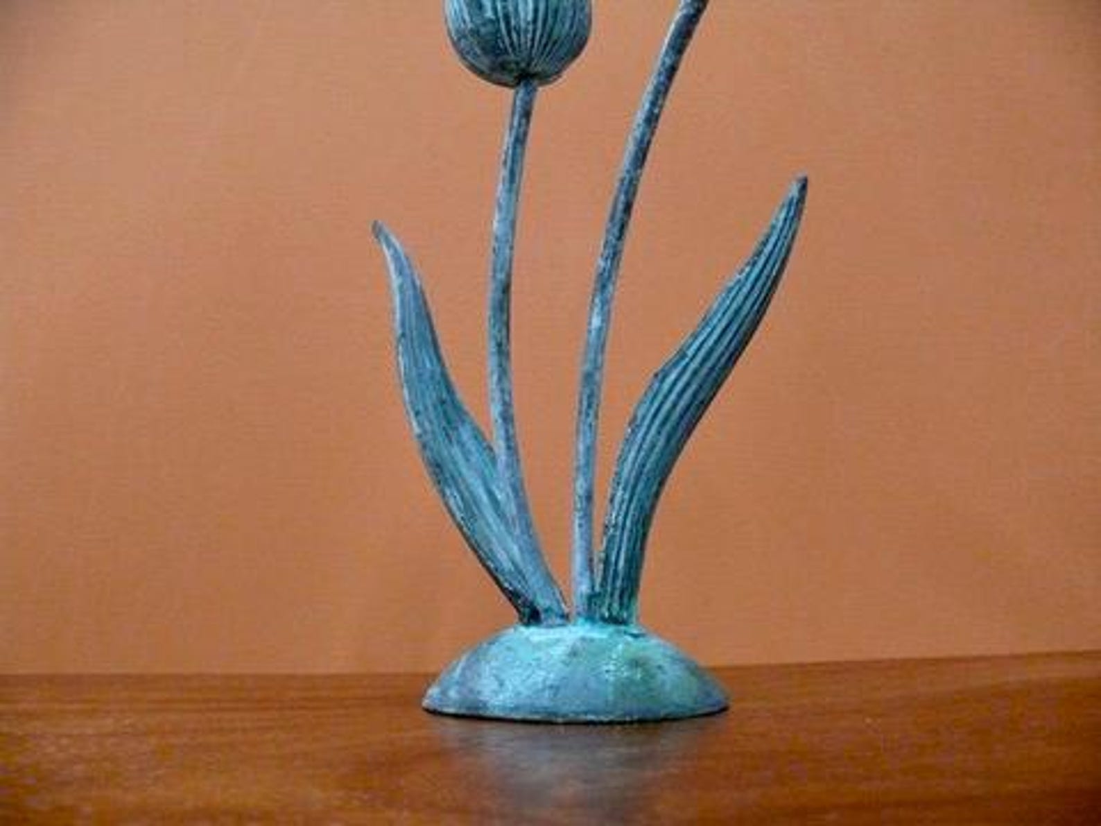 Vintage Verdigris Brass Tulip Sculpture, Double Flower Candle Holder ...