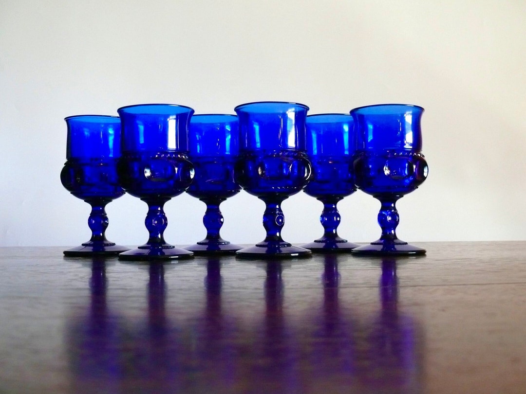 6 Blue Color Crown Water Goblets, Vintage 8oz Cobalt Blue Colony Glass ...