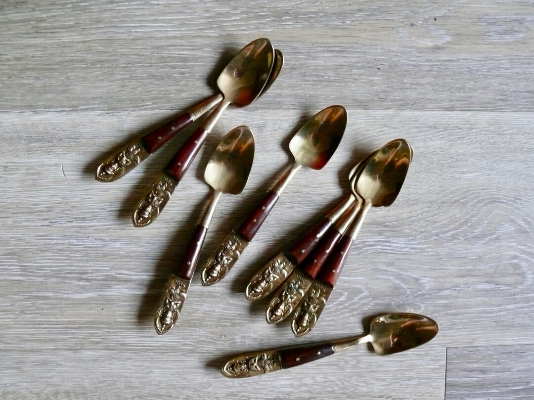Vintage Siam Brass Teaspoons Set of 8, Rosewood Buddha Handle Spoons ...