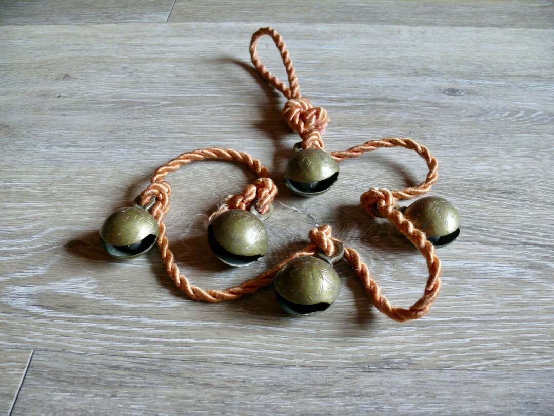 5 Brass Petal Bells on Orange Cord, Matching Flower Etched India Brass ...