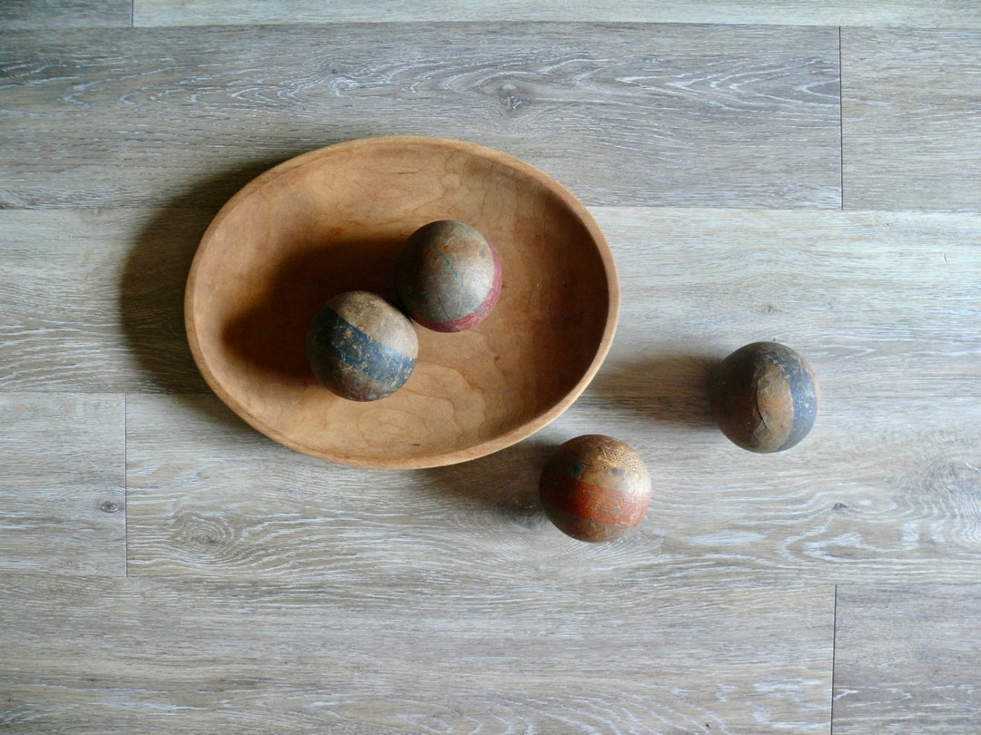 4 Solid Wood Croquet Balls With Painted Stripes, Distressed Wood Lawn ...