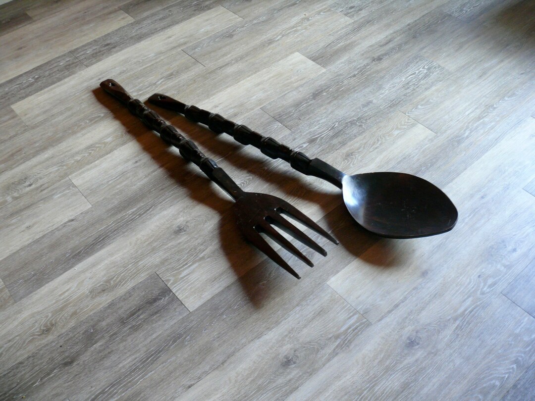 Oversized 40" Wood Tiki God Fork and Spoon Wall Hangings, Mid Century ...