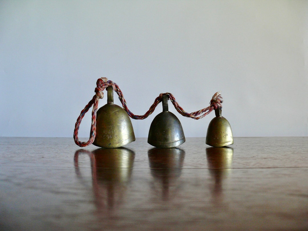 3 Graduated Solid Brass Temple Bells on a Red Cord, Vintage India Brass ...