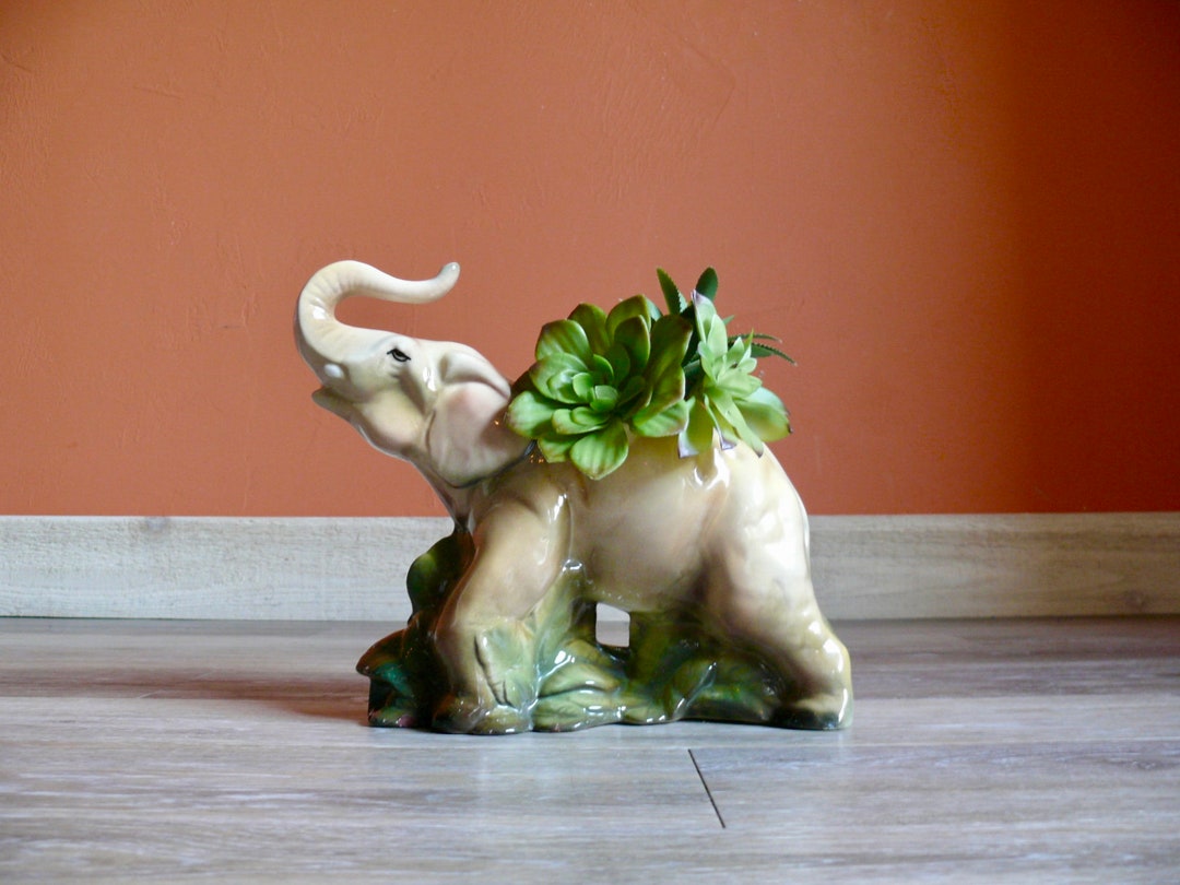 Vintage Ceramic Elephant Shaped Planter, Raised Trunk Elephant ...
