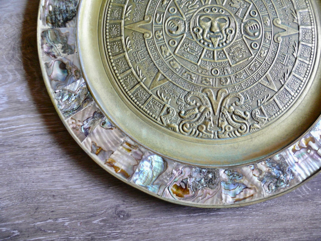 Brass Aztec Sun Stone Tray With Abalone Shell Edge, Vintage ...