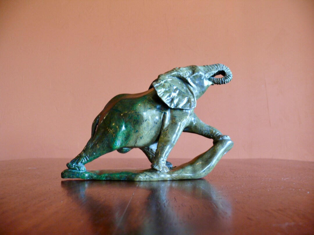 Green Verdite Elephant Sculpture, Large 10" Hand Carved Natural ...