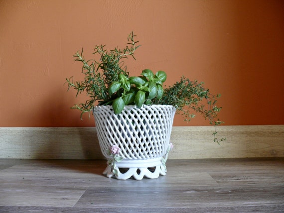 Vintage Large Woven Lattice Porcelain Planter Hand Painted | Etsy