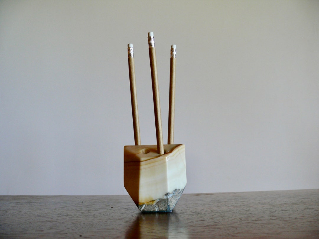 Marble Pencil Holder Paperweight, Vintage Geometric Polished Stone Desk ...