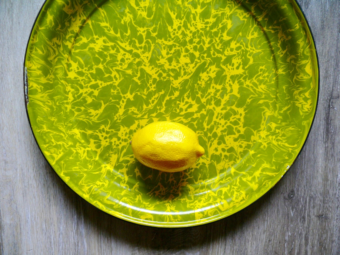 Yellow Green Splatterware Enamel Tray Black Trim Vintage | Etsy