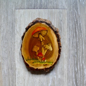 Rustic Mushroom Oil Painting on Natural Wood Slice With Bark, Vintage ...