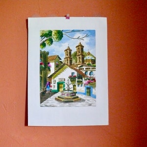 Max Vidal Watercolor Painting, 1950s Taxco Mexico Village Scene With ...