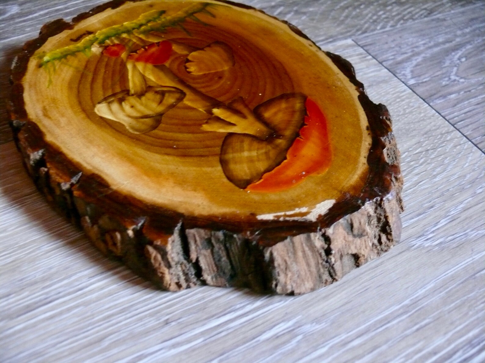 Rustic Mushroom Oil Painting on Natural Wood Slice With Bark - Etsy