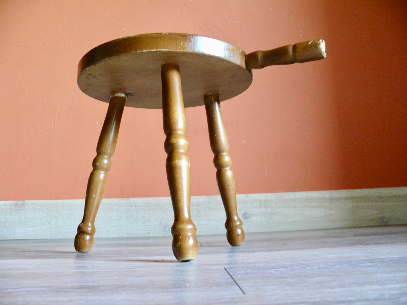 Vintage Wood Milking Stool with Three Turned Legs and Handle | Etsy
