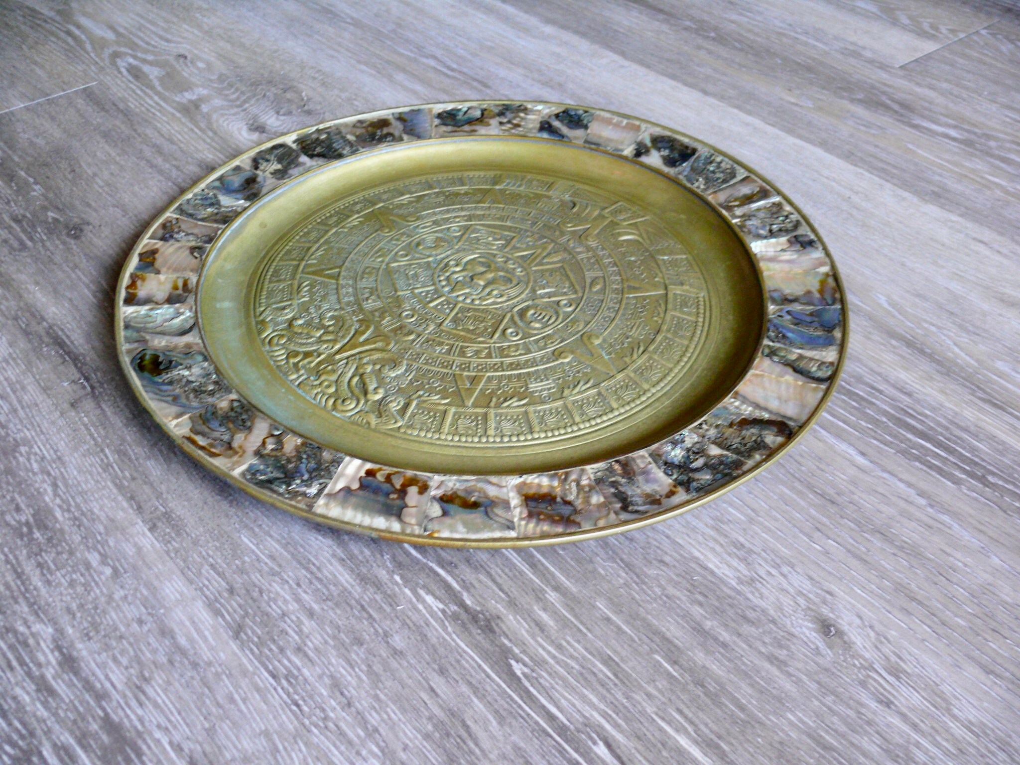 Vintage 14 Aztec Sun Stone Brass and Abalone Shell Wall - Etsy