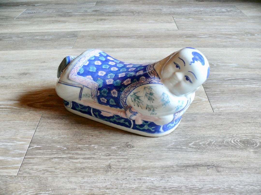 Ceramic Buddha Opium Pillow, Vintage Hand Painted Blue and Pink Chinese ...