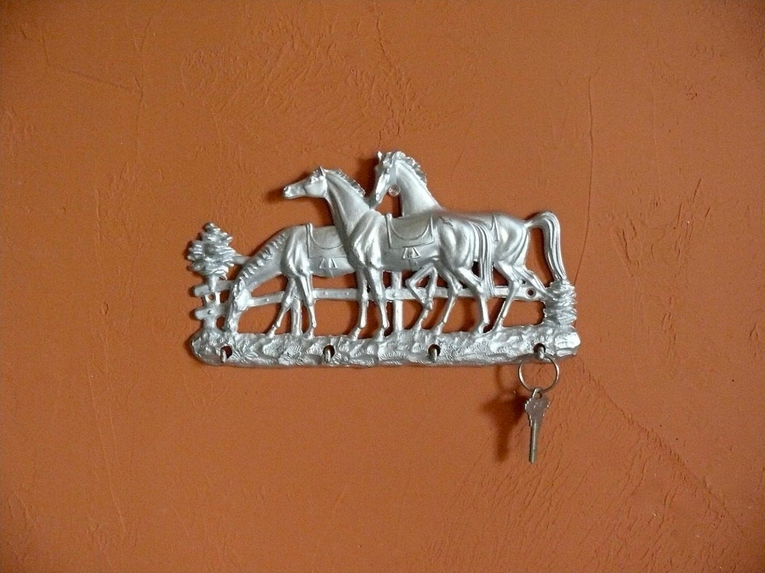 Silver Metal Equestrian Wall Mount Key Rack With Four Hooks, Farmhouse ...