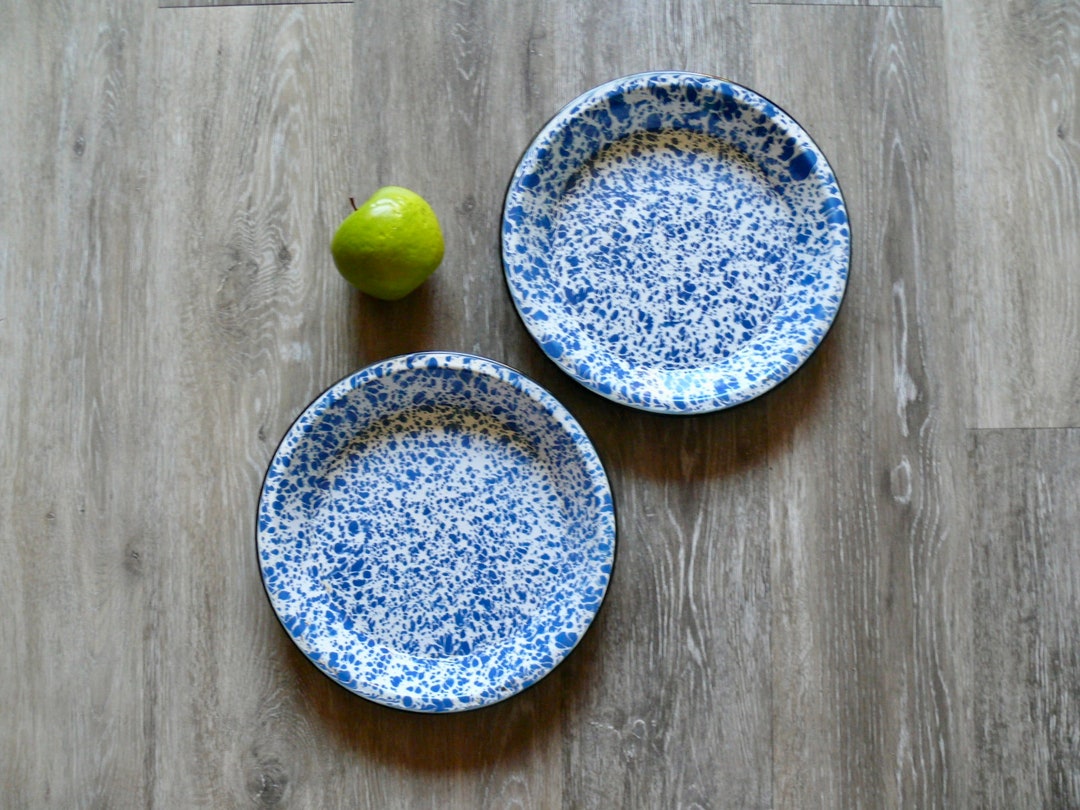 2 Blue Splatterware Enamel Pie Plates, Vintage 10 Blue on White ...