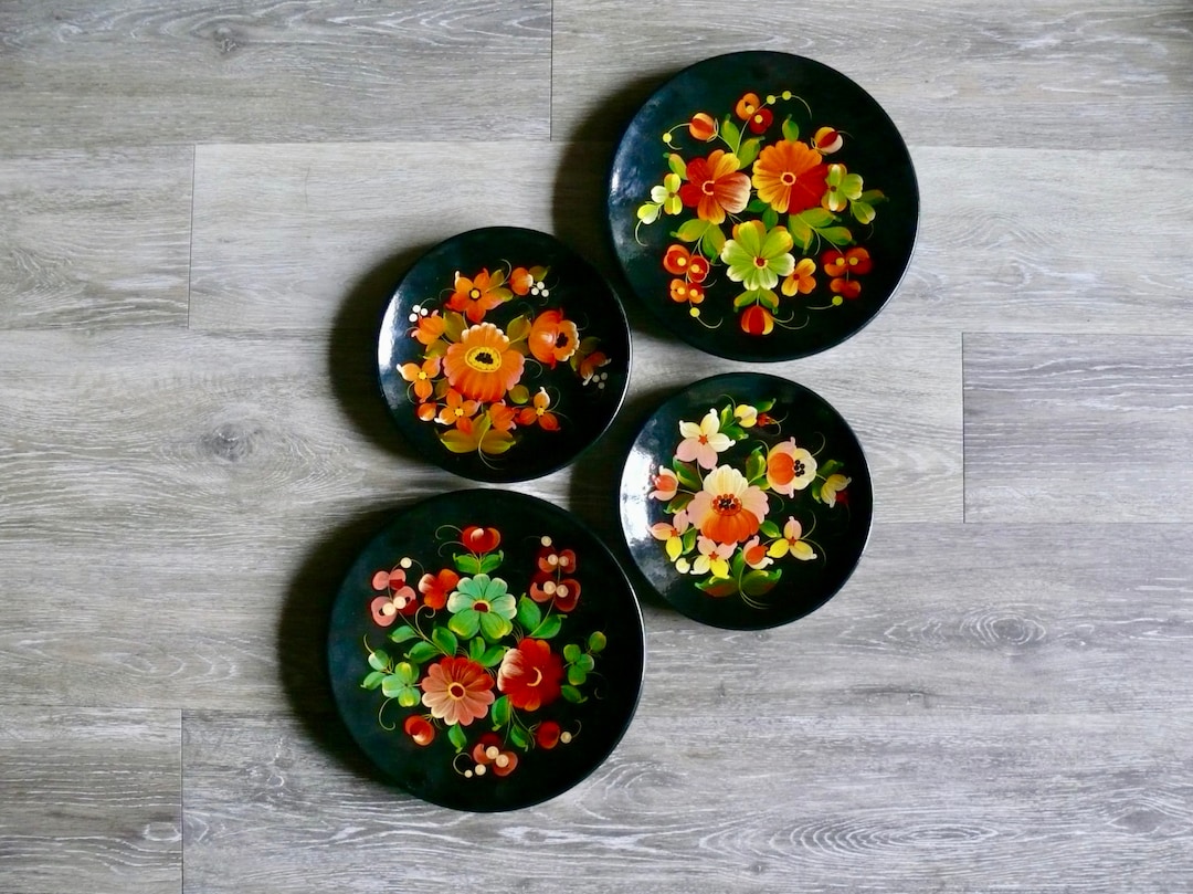 4 Wood Russian Folk Art Plates With Hand Painted Tole Red Orange Yellow ...