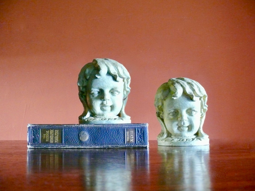 Vintage Cherub Face Bookends, Faux Concrete Resin Angel Accents for ...